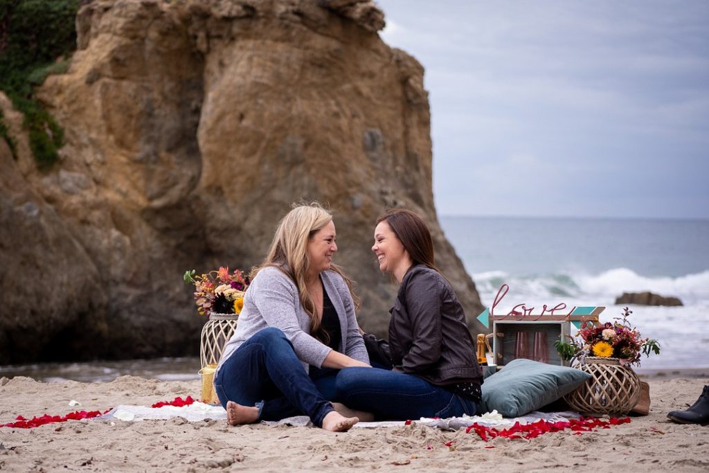 Cliffside fall El Matador Beach proposal with romantic picnic
