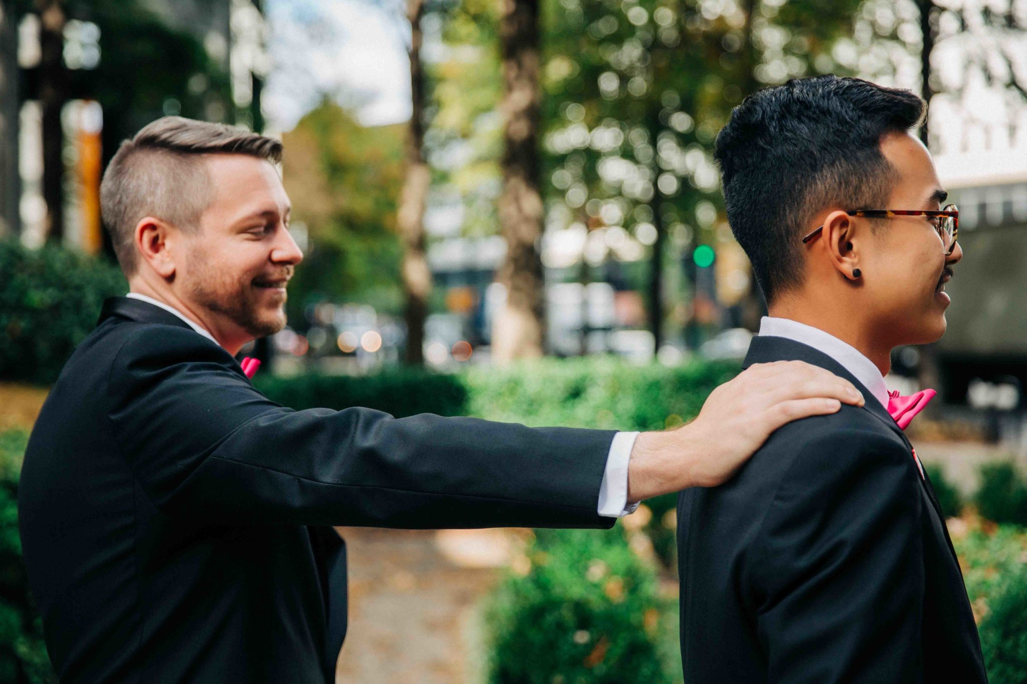 Two grooms try Generation Tux for winter wedding inspiration in Atlanta