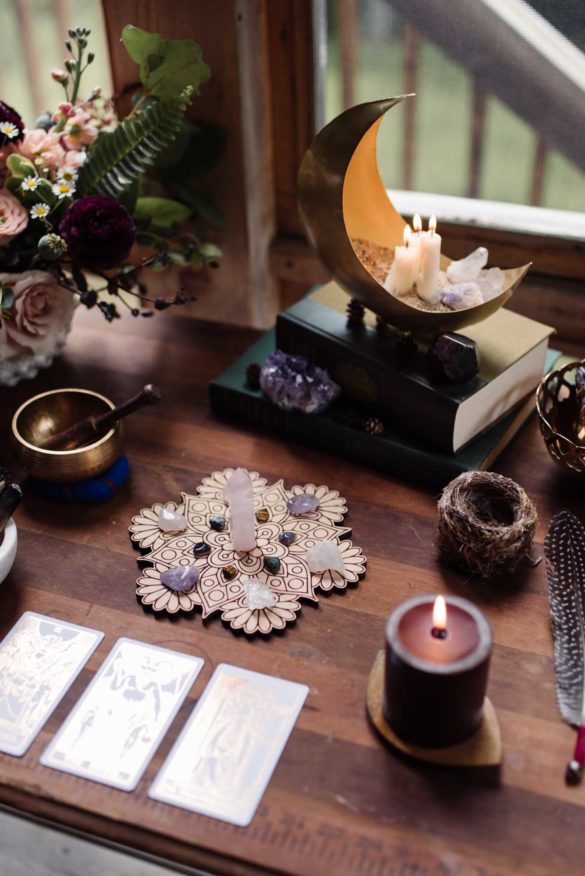 Cottagecore wedding ideas with poetry, tarot cards, and pagan altar