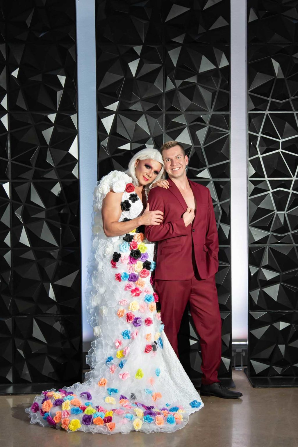 Drag queen wedding inspiration with flowing floral gown and cotton ...