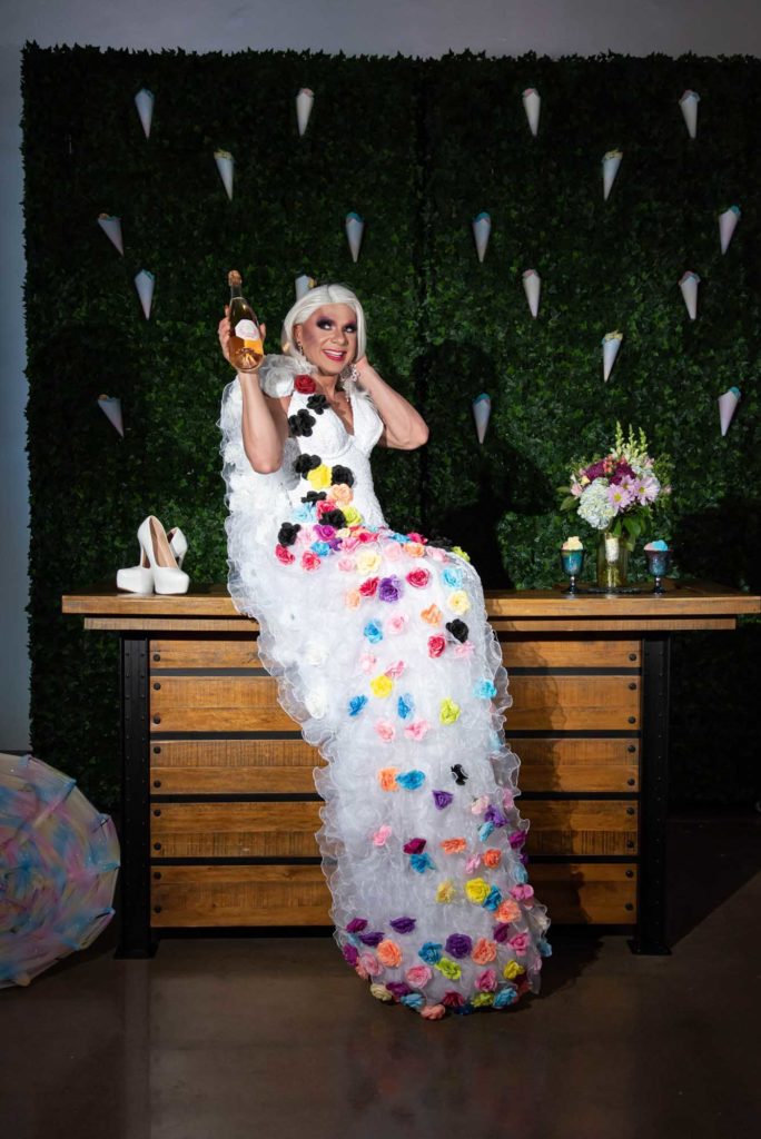 Drag queen wedding inspiration with flowing floral gown and cotton ...
